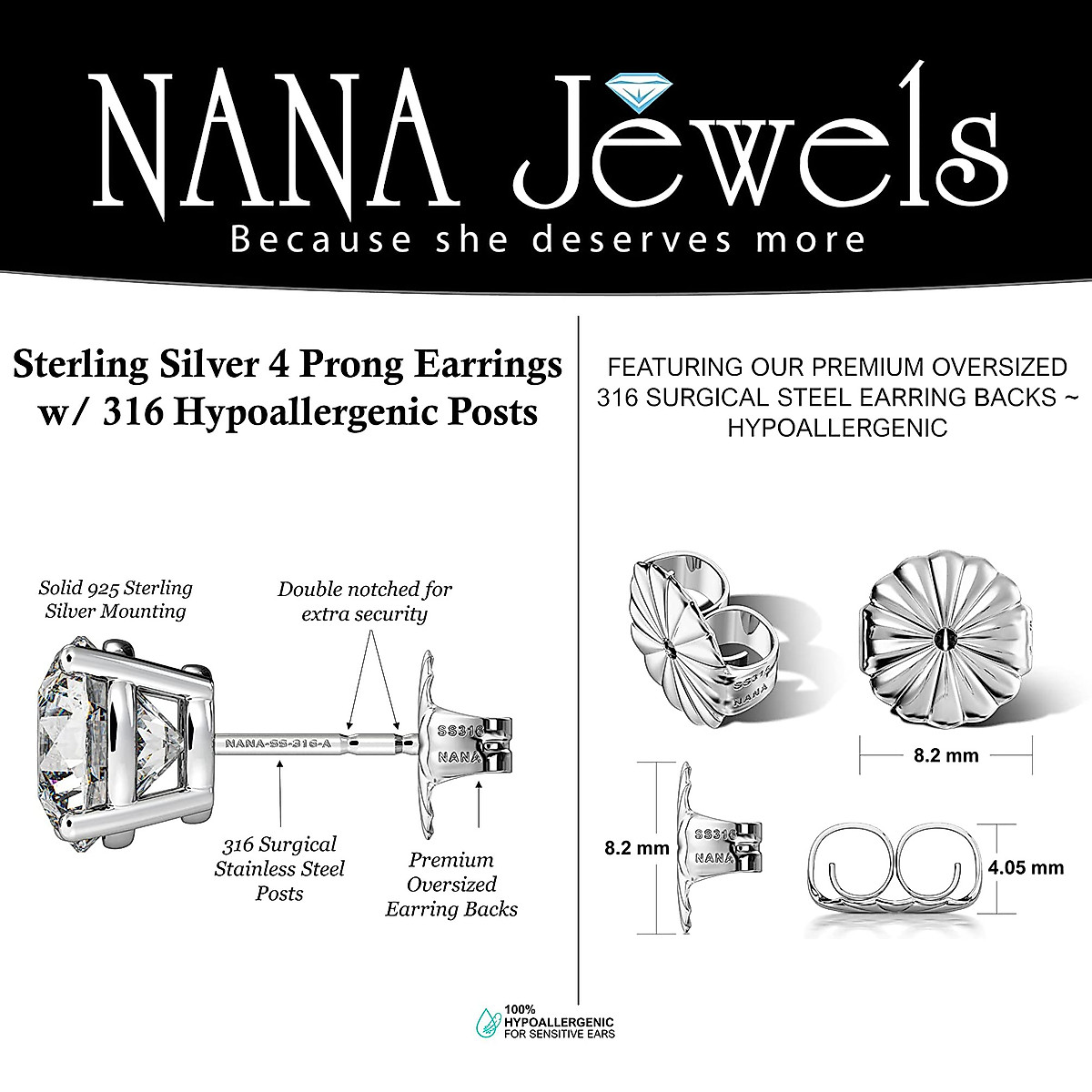 NANA Jewels Jewels Round CZ Stud Earrings SS316 Surgical Steel & Sterling Silver Cubic Zirconia - 10.0mm (8.00cttw) Platinum