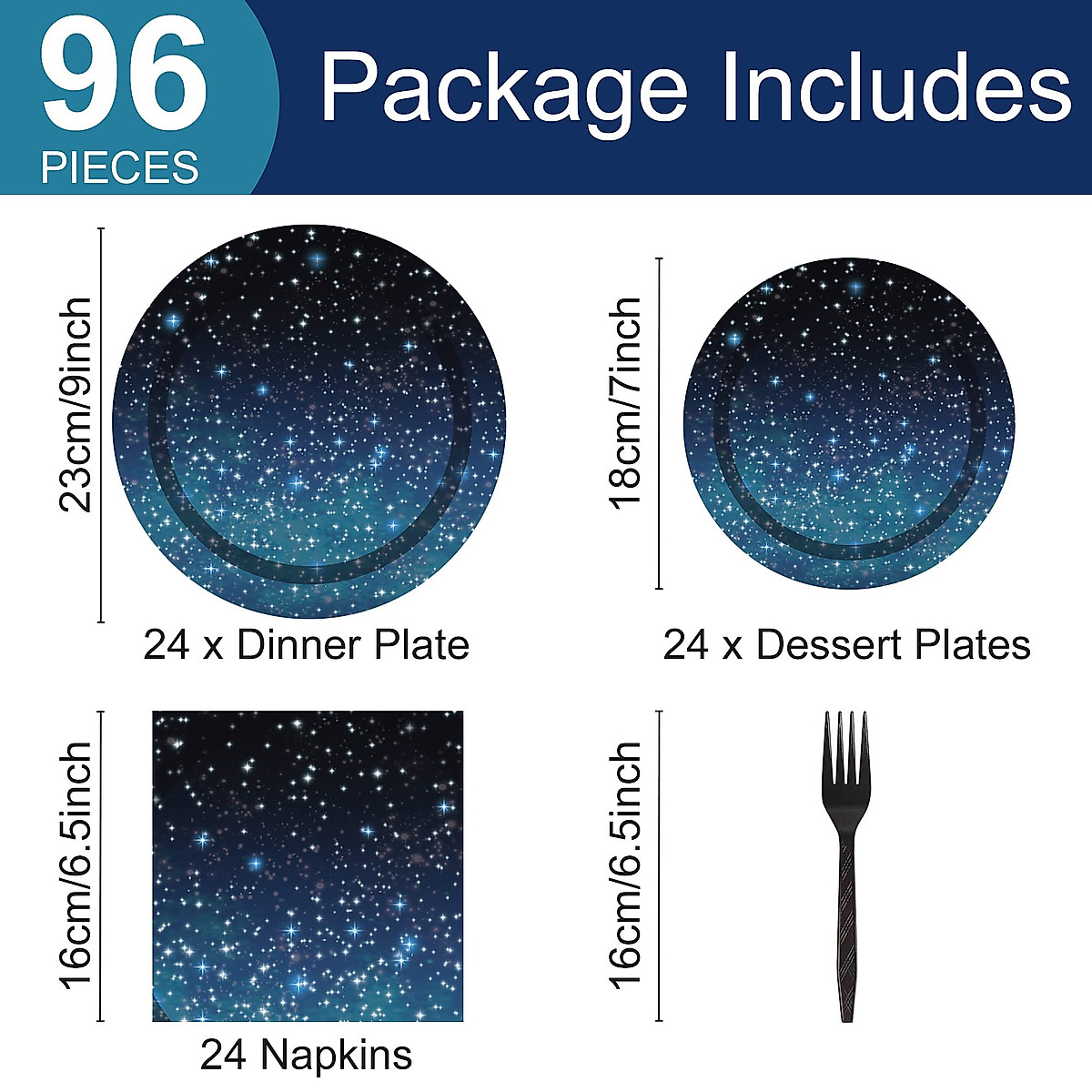 96 Pcs Galaxy Party Starry Night Supplies Tableware Set Outer Space Theme Birthday Star Party Table Decorations Solar System Paper Plates Napkins Forks for 24 Guests