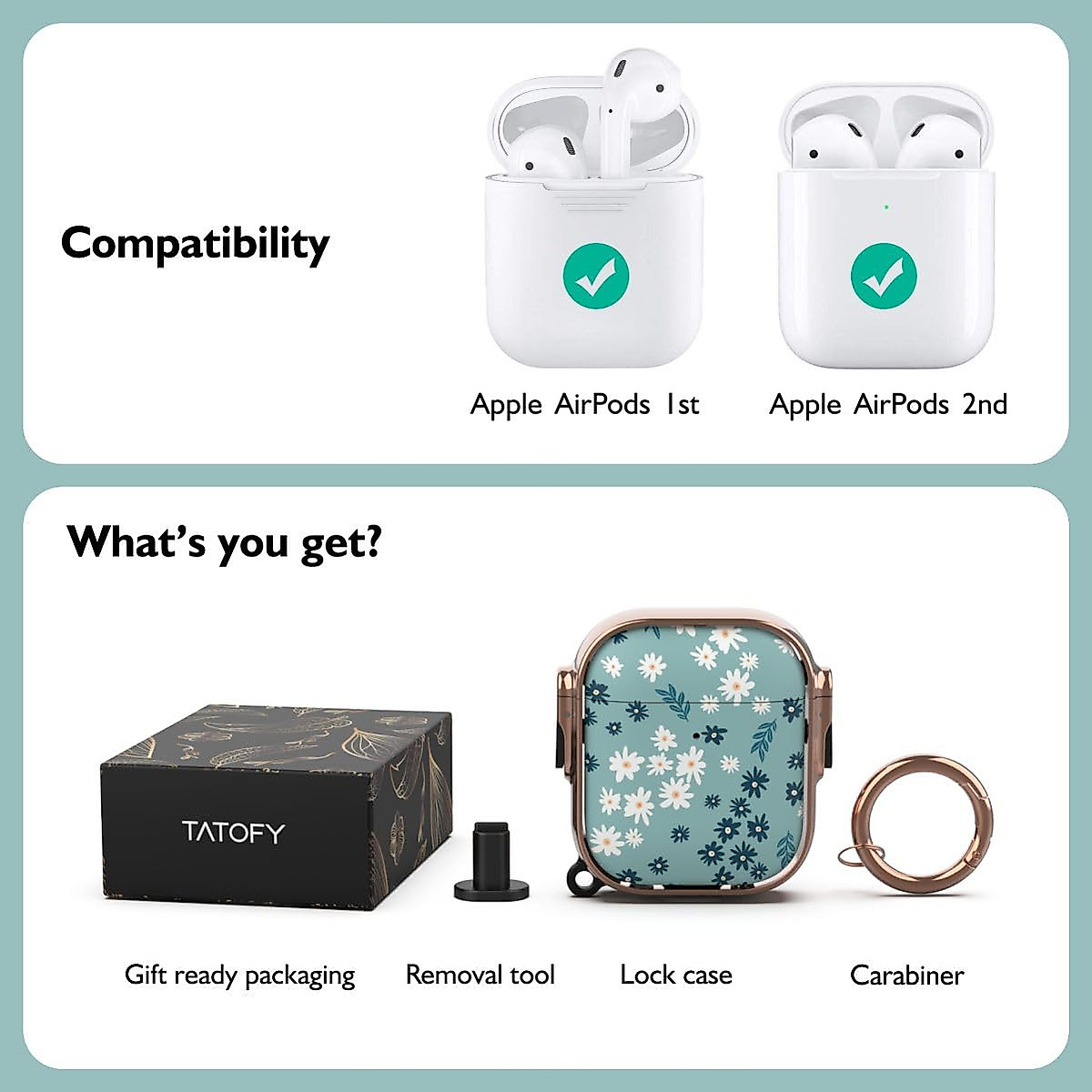 TATOFY for AirPod 2 case, AirPod case with Lock, AirPods 1st & 2nd Case for Women Men (Cyan)