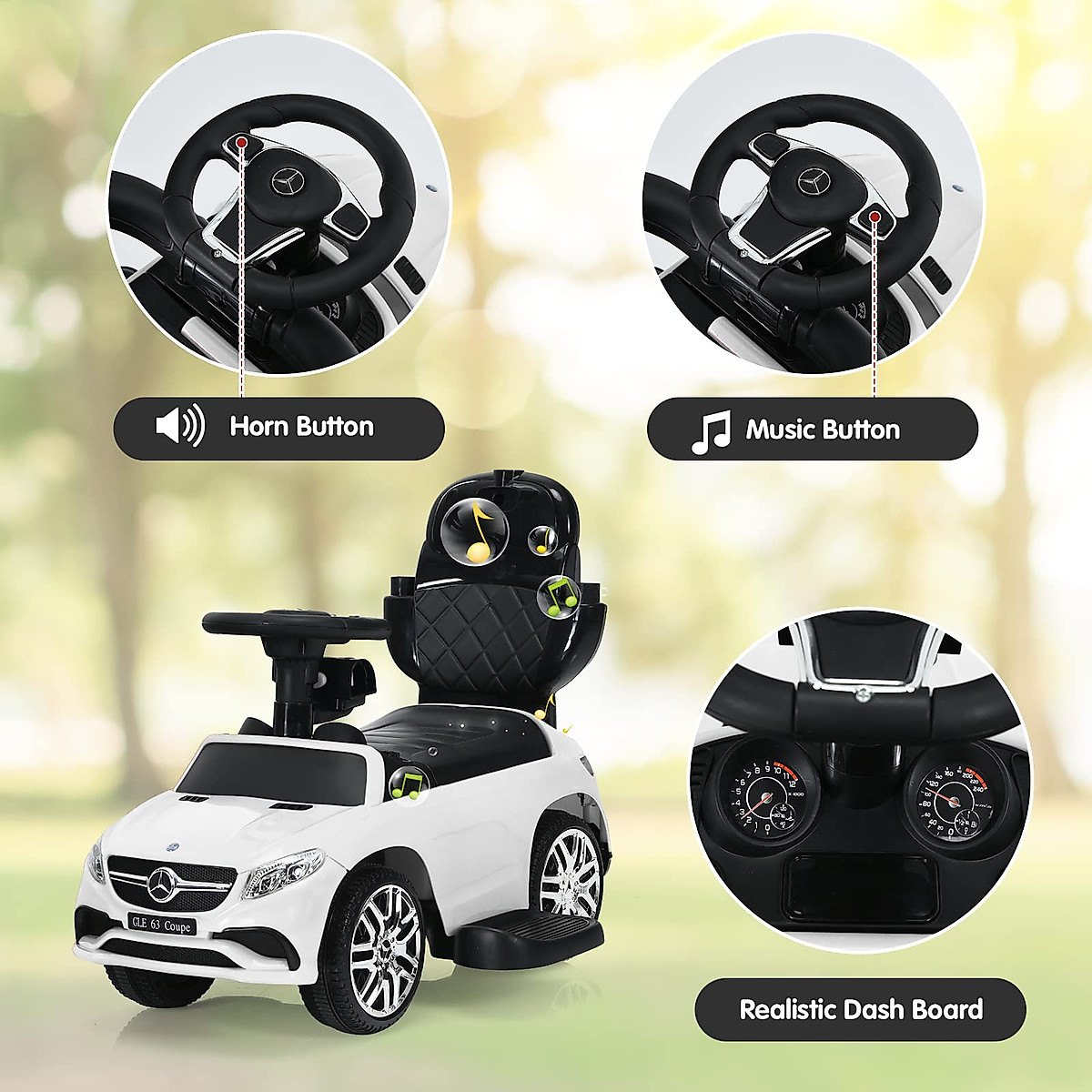 INFANS 3 in 1 Licensed Mercedes Benz Ride on Push Car, Kids Toy Stroller for Toddlers with Push Handle, Baby Foot-to-Floor Sliding Walker with Removable Canopy, Music, Horn, Under Seat Storage (White)