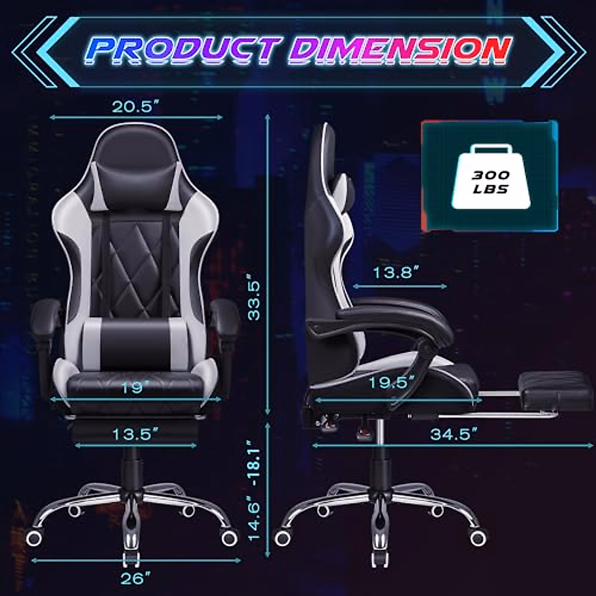 Shahoo Gaming Chair with Footrest and Massage Lumbar Support, Ergonomic Computer Seat Height Adjustable with 360°Swivel and Headrest, White
