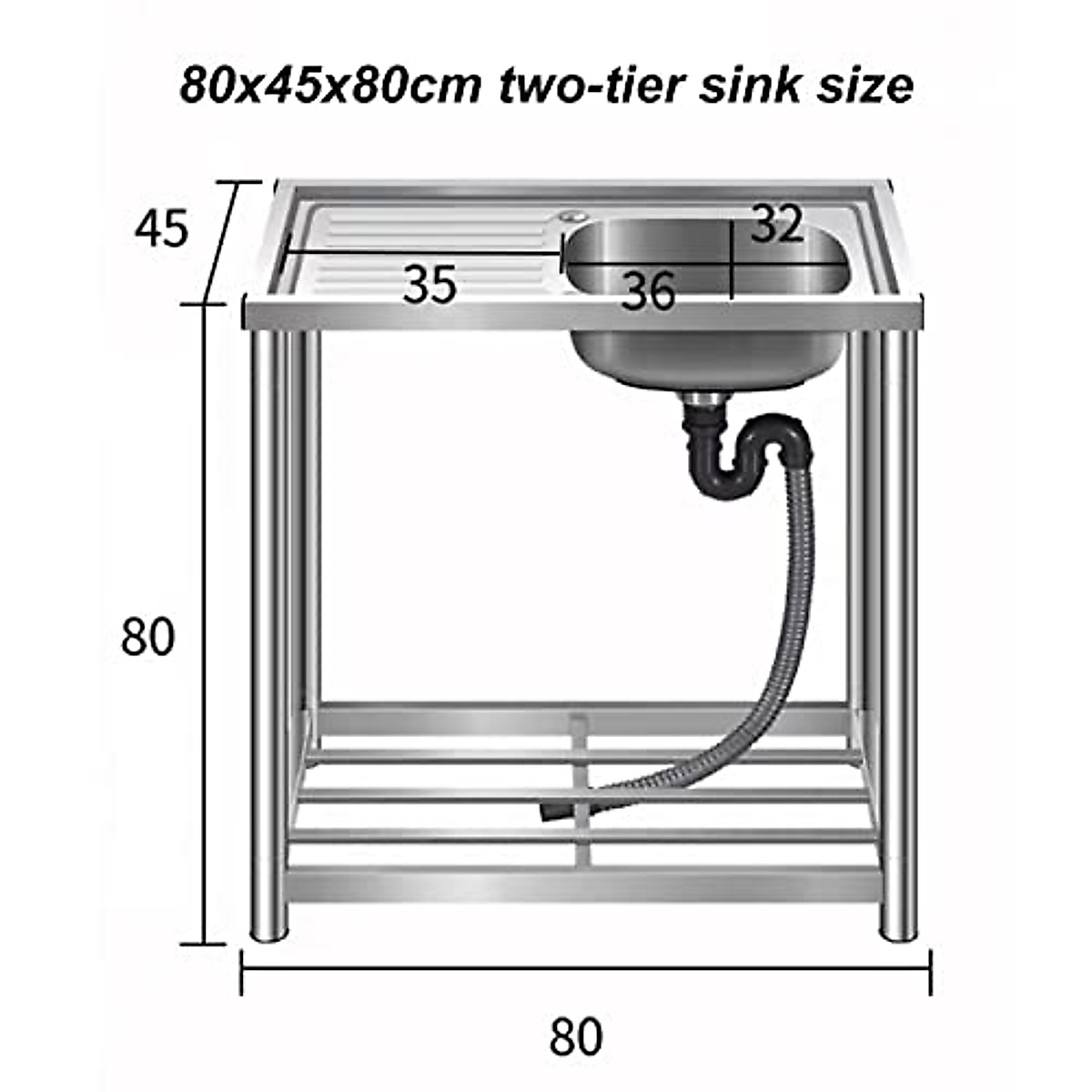 Commercial 304 Stainless Steel Sink Free Standing Single Bowl Commercial Restaurant Kitchen Sink with Left Drainboard Storage Shelve Faucet 1 Compartment Restaurant Kitchen Sink fo