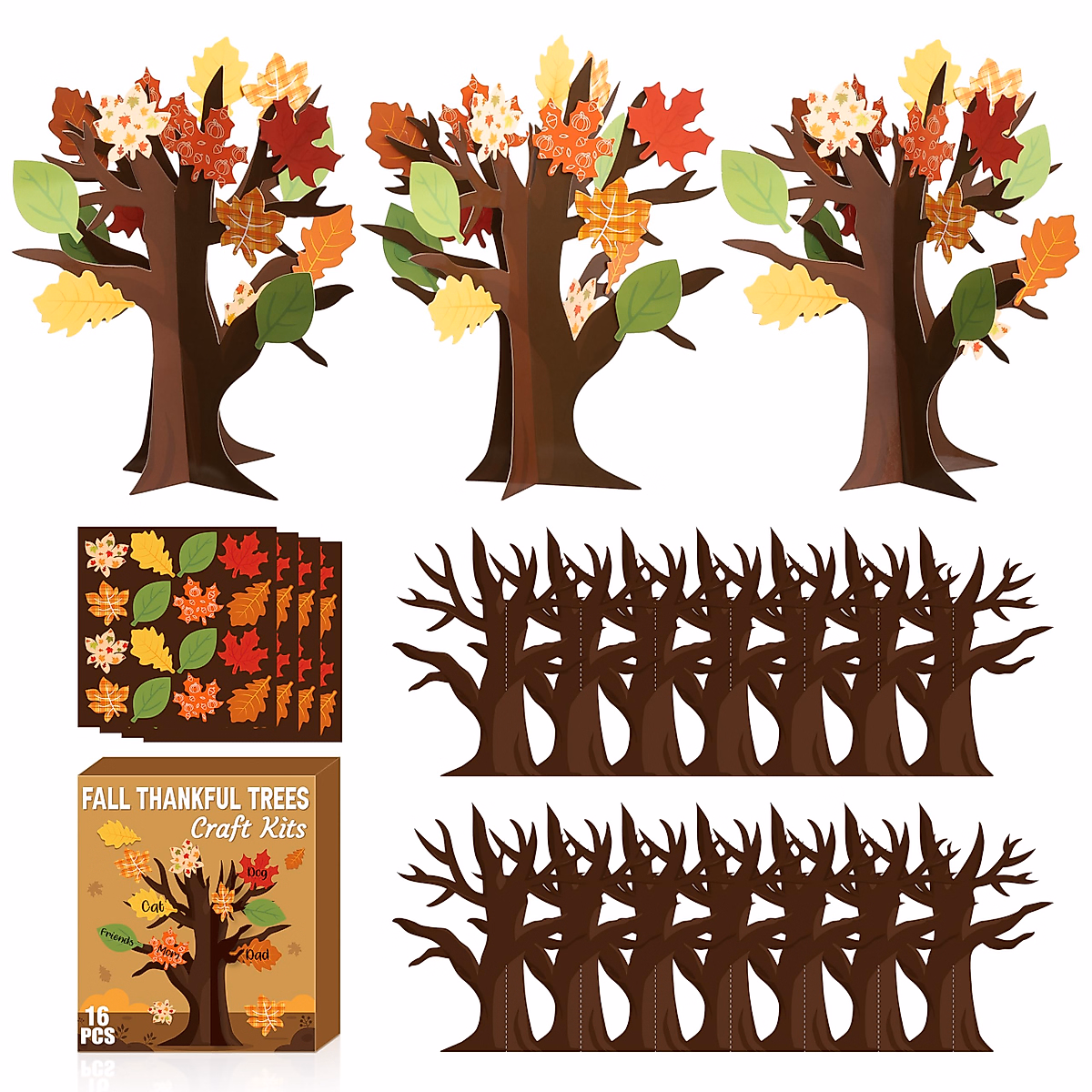 WATINC 16Pcs Fall Thankful Trees Craft Kits for Kids, Autumn Maple Oak Leaves Make Your Own DIY Thanksgiving Trees Decoration Thankful Craft Kit Supplies Home School Fun Activities for Kids