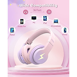 seenda Kids Bluetooth Headphones, Colorful Wireless Over Ear Headset with 85dB/94dB Volume Limited, 45H Playtime, 3 Lighting Modes, Built-in Mic Headphones for Boys Girls iPad Tablet School Pink