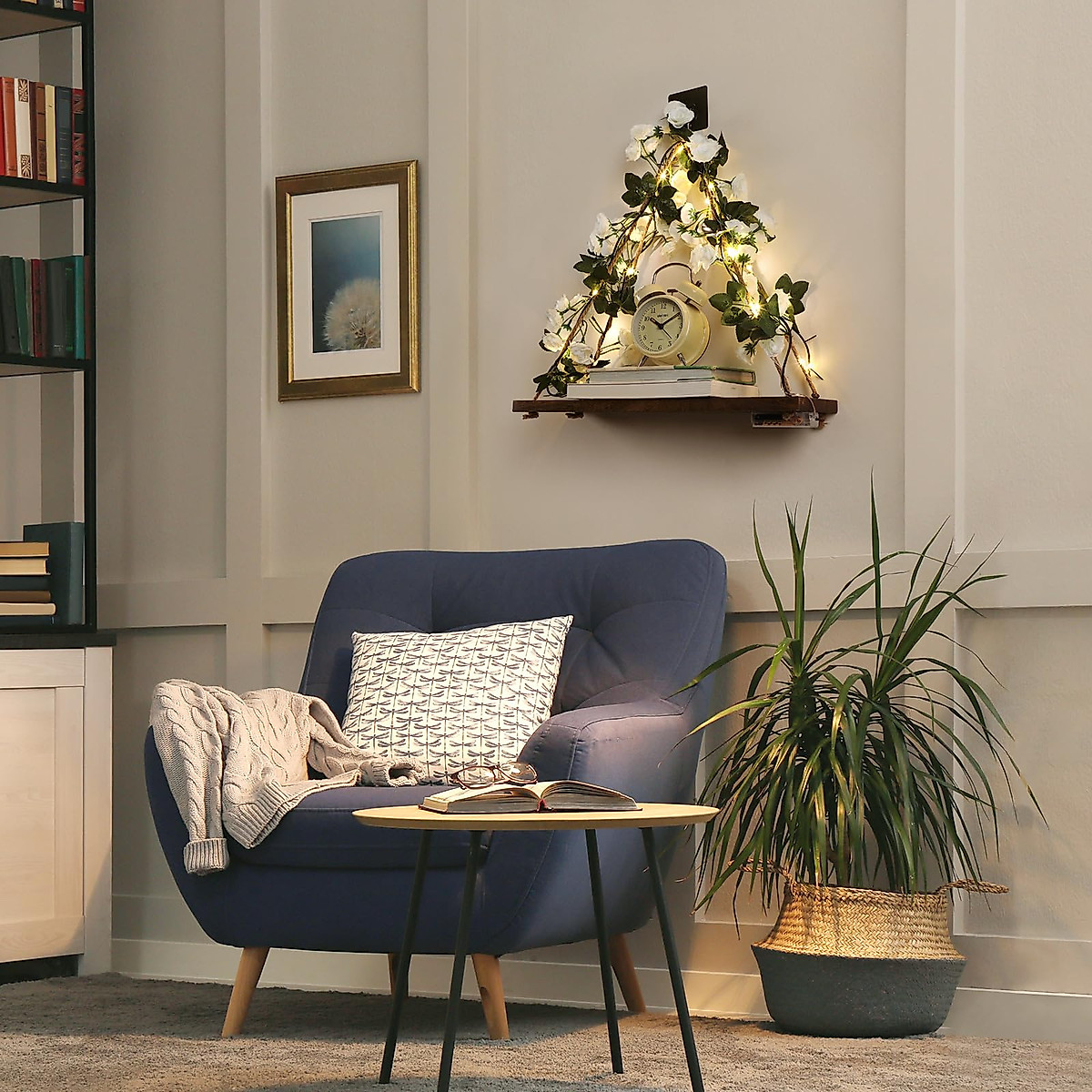 JOPSTDI Floating Shelves,Plant Wall Decor,Wall Shelf,No Drill Shelves,Decorative Leaves and Light Strip,Set of 2 Plant Shelf Wall,Christmas Day for Decorating Room(White Flower)