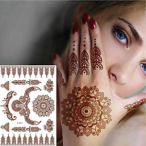 6 Sheets Brown Henna Temporary Tattoo Stickers Lace Pattern Fake Tattoos Mystery Sexy Mandala Flower Body Art Design Waterproof Henna Sticker for Women Girls DIY on Body Face Arms Legs (Brown)