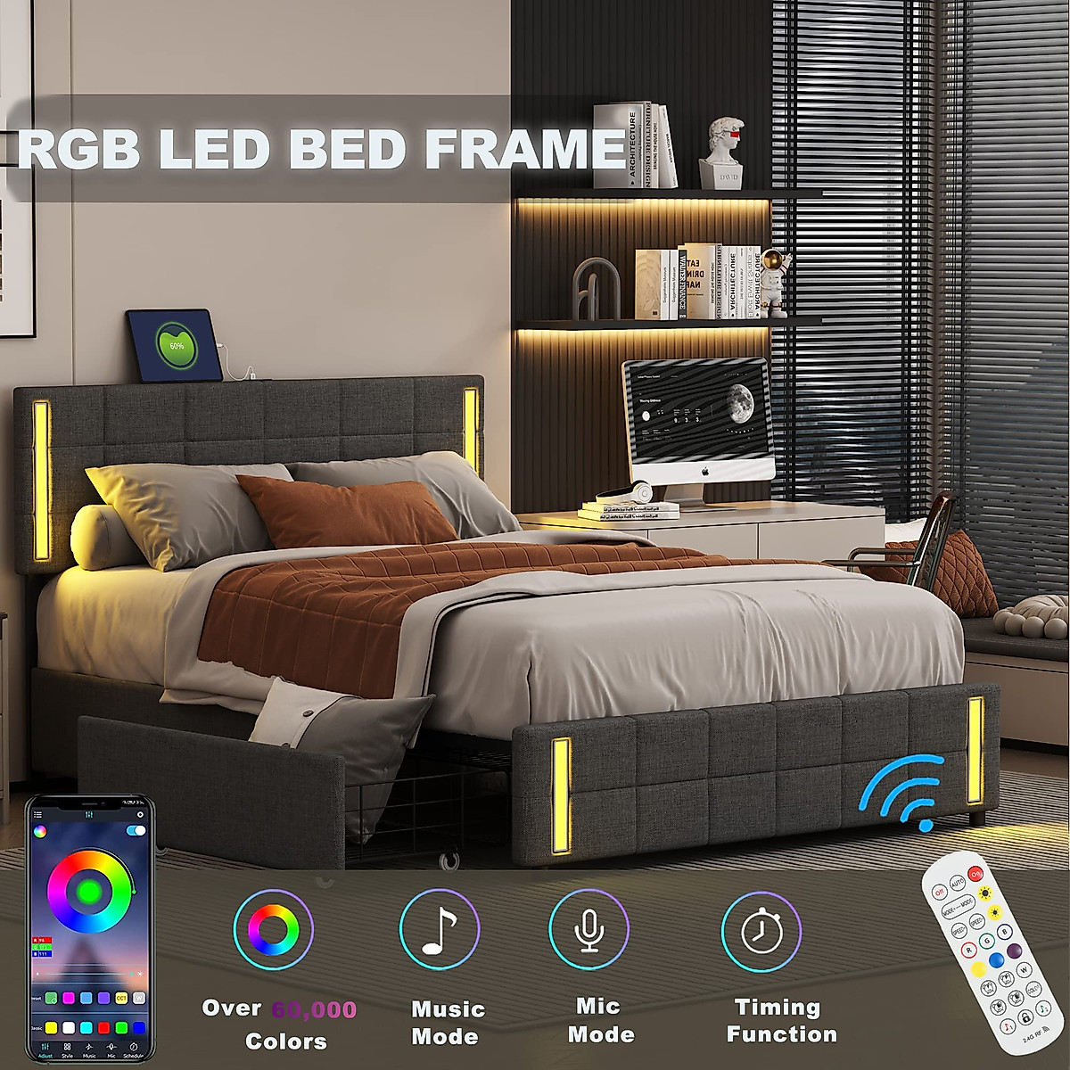 Upholstered Bed with LED Lights and USB Charging, Queen Size Storage Bed Platform Frame with Headboard and 4 Drawers for Bedroom, No Spring Box Required (Dark Gray)