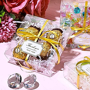 35 Pcs Clear Favor Boxes 4 x 4 x 1.2 Inch Transparent Rectangle PVC Plastic Boxes 40 Pcs Thank You Label Stickers and 1 Roll Gold Ribbon for Wedding Candy Chocolate Birthday Halloween Christmas Gift