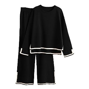 EsheSy Women's 2 Piece Outfits Sweater Sets Long Sleeve Knit Pullover Tops Wide Leg Pants Tracksuit Lounge Sets(Black-M)