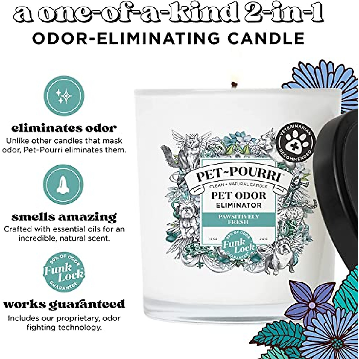 Pet-Pourri Pet Odor Eliminator Candle, Pawsitively Fresh, 7.5 Oz - Jasmine, Fresh Air and Pear (Veterinarian Recommended)