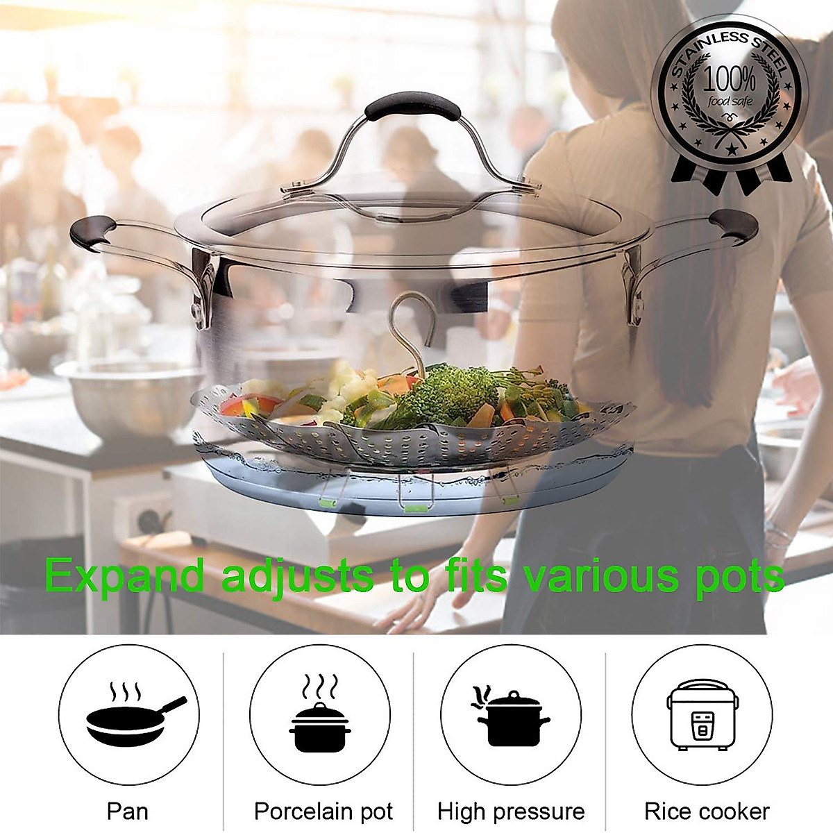 Steamer Basket Stainless Steel Vegetable Basket Metal Handle Folding Silicone Feet Steamer Insert for Cooking Veggies Fish Seafood Include Safety Tool,Fit Various Pot Pressure Cooker (7" to 11")
