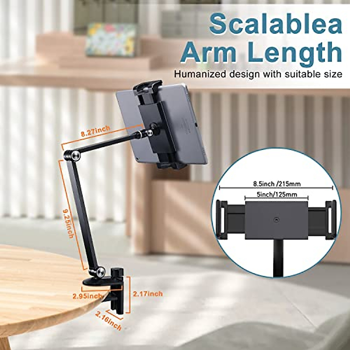 ZEXMTE Tablet Stand Holder, Adjustable Desktop Tablet Holder Mount Foldable Phone Stand with 360° Swivel Phone Clamp Mount Holder,Stable Tablet Stand for iPad 4.7-12.9" Tablets/Phones-Black