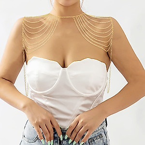 Yomiie Body Shoulder Chain Multilayered Gold Tassels Link Harness Necklace Fashion Jewelry Belly Waist Bra Boho Hot Bikini Beach Anniversary Festival for Women