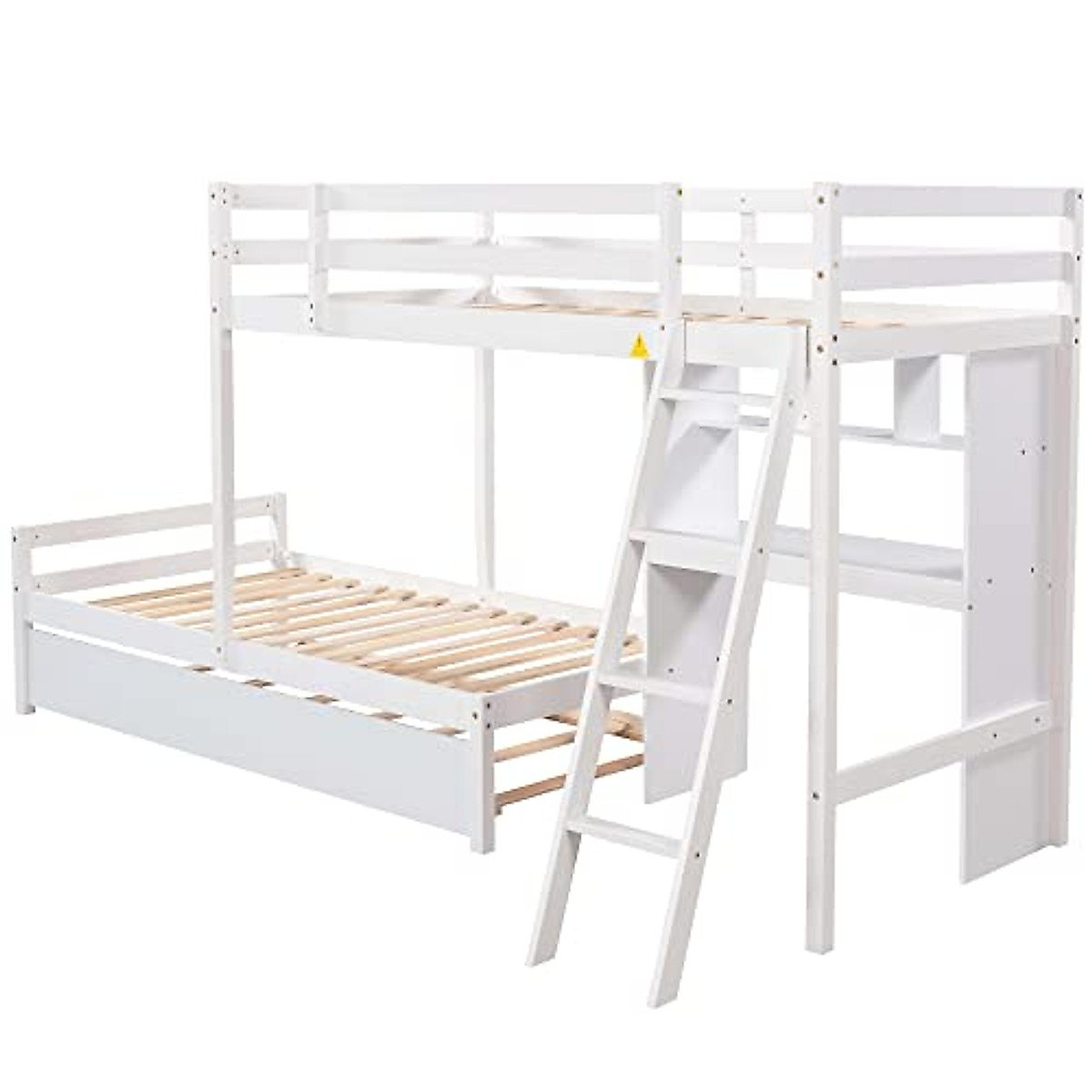 MOEO Twin Over Twin Bunk Bed with Trundle and Ladder for Kids, Adults, Wooden Bunkbed Frame w/Convertible Built-in Desk & Down Bed, Save Space, No Box Spring Required, White