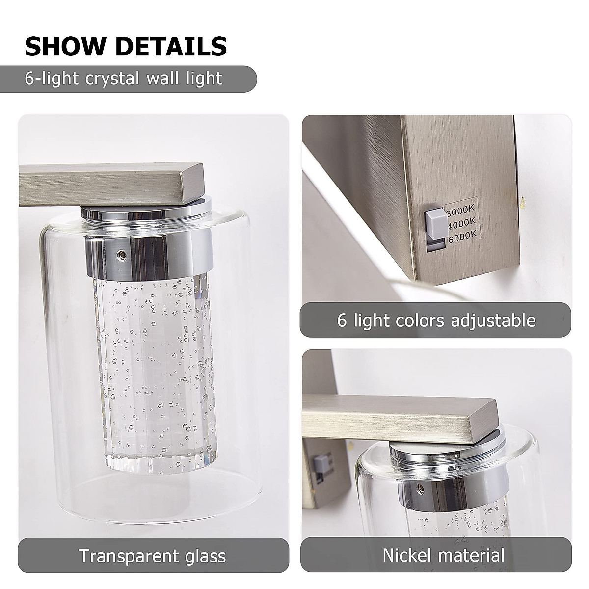 SADENICEL 6 Light Brushed Nickel Bathroom Light Fixtures, LED Vanity Lights Crystal White/Neutral/Warm Bathroom Lights Over Mirror for Bathroom, Bedroom,Living Room (6 Light)