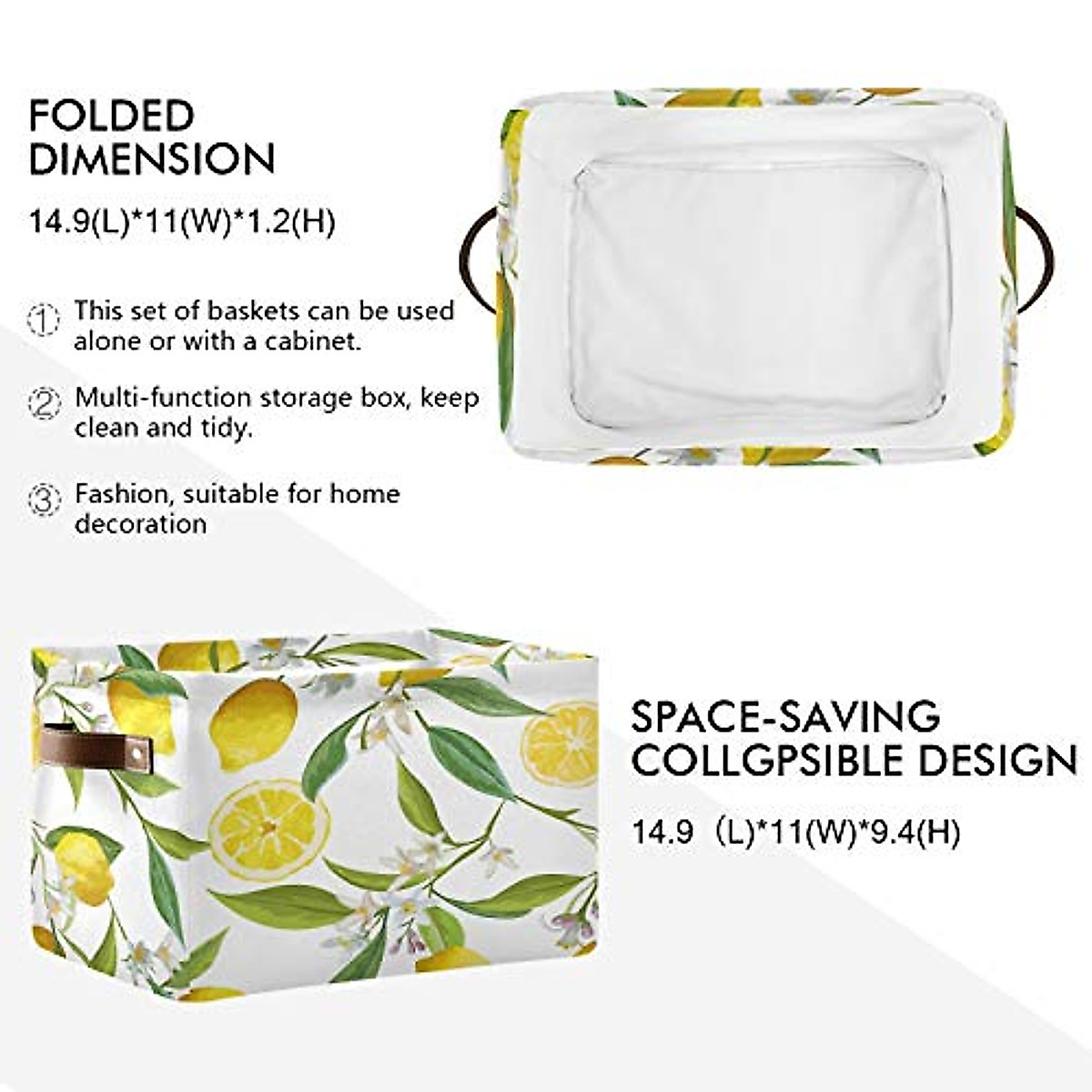 ALAZA Decorative Basket Rectangular Storage Bin, Lemon Floral Organizer Basket with Leather Handles for Home Office