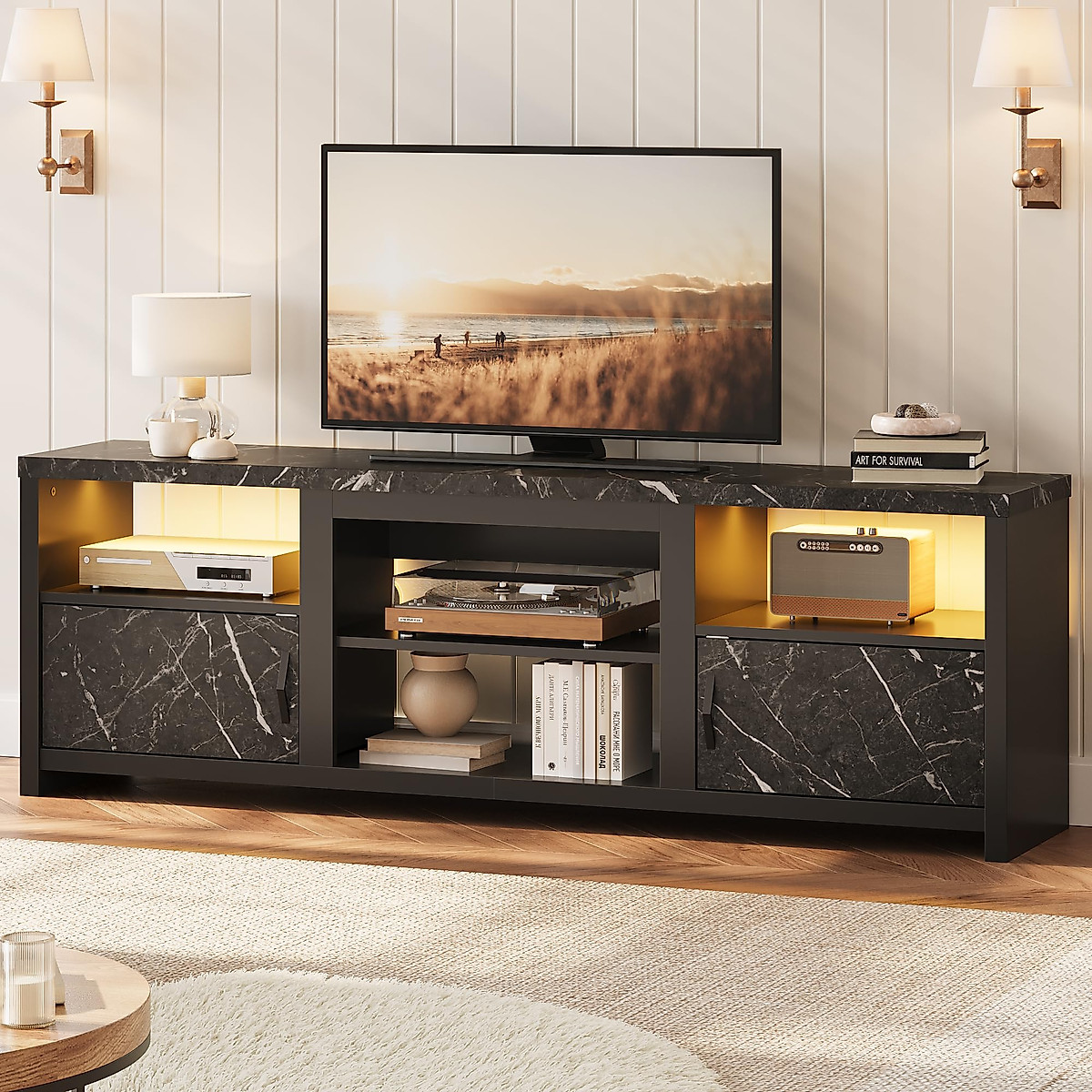 Bestier 70 Inch TV Stand with LED Lights for 80 Inch TV, Black Marble Entertainment Center with Storage Cabinets for Living Room Bedroom, Large TV Console Table with Adjustable Shelf, Easy Assembly