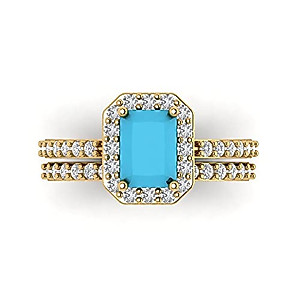 Clara Pucci 2.14 carat Emerald Cut Halo Solitaire Simulated Turquoise Bridal Wedding Anniversary Ring band set 14k Yellow Gold 7.75