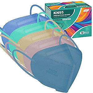 XDX KN95 Face Masks, 50 Pack Individually Wrapped Disposable Face Masks for Men and Women, 5 Layers Comfortable Multicolor Masks, Filter Efficiency ≥95% (Medium Size)