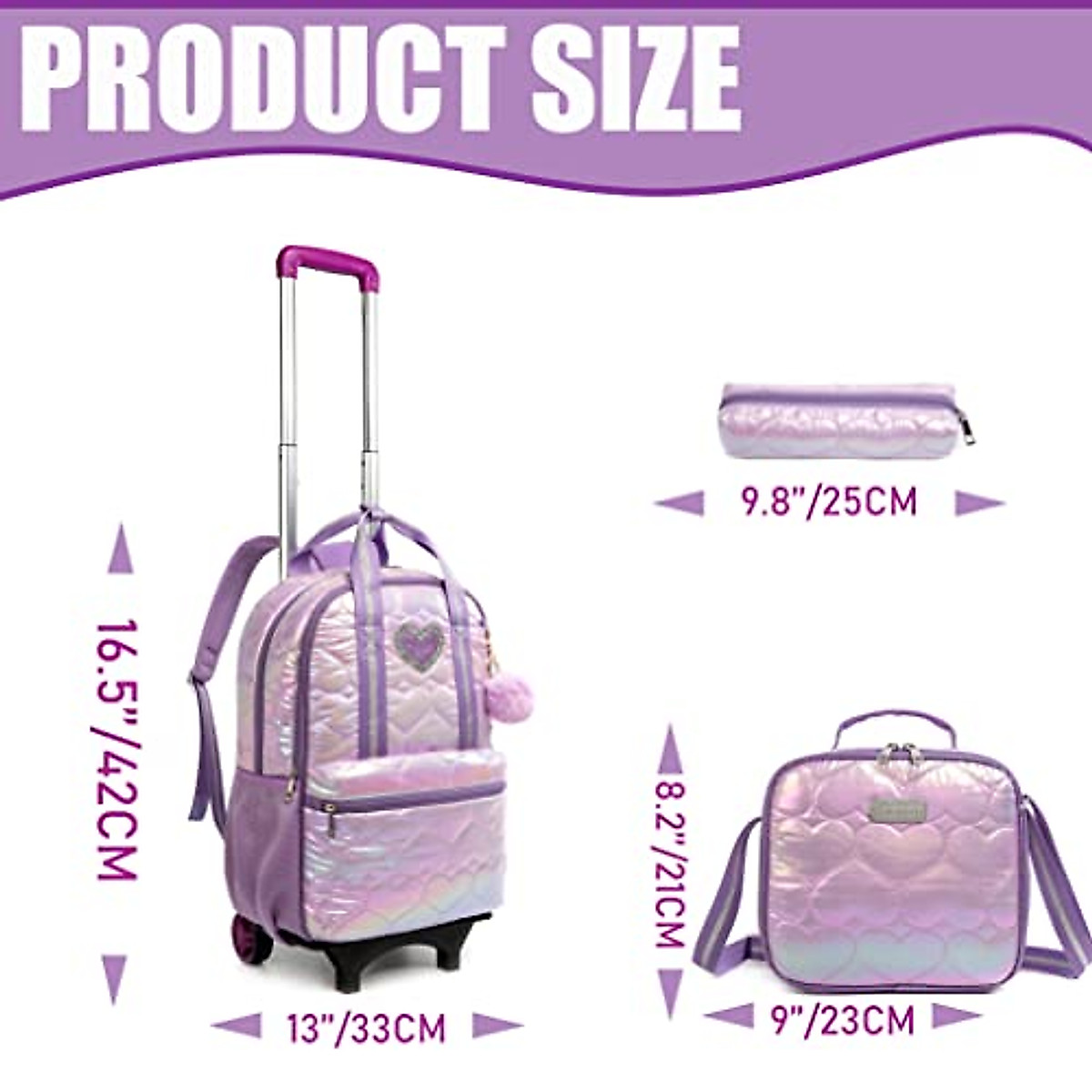 ZBAOGTW Rolling Backpack for Girls School Backpack with Wheels Kids Roller Backpack with Lunch Bag for Elementary School