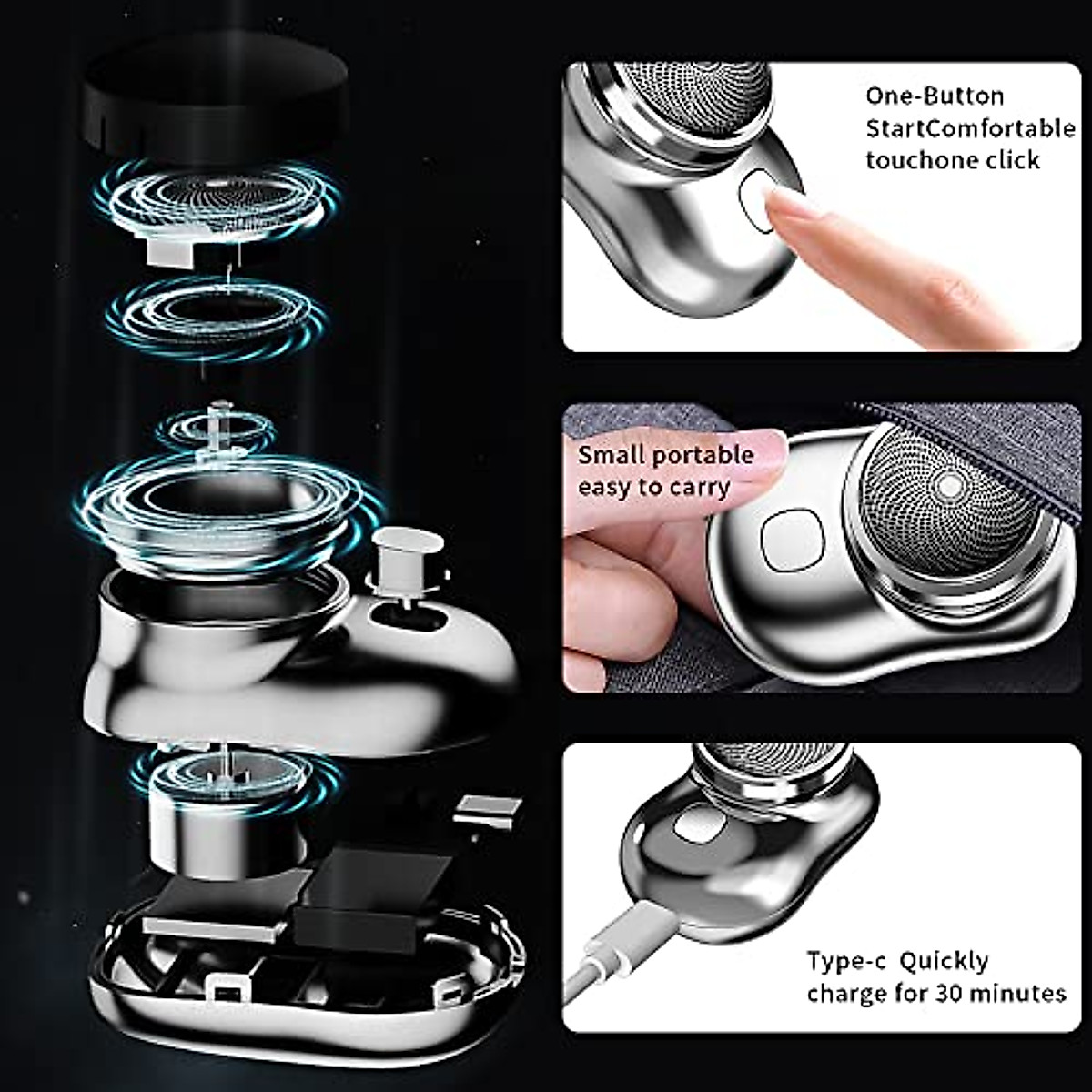 Mini Electronic Shaver - Men's Pocket Razors, Portable Wet and Dry Shaver, One-Button Shave, Waterproof Rotary Shaver, USB Rechargeable Shaver for Car, Outdoor, Business Travel (Silver)