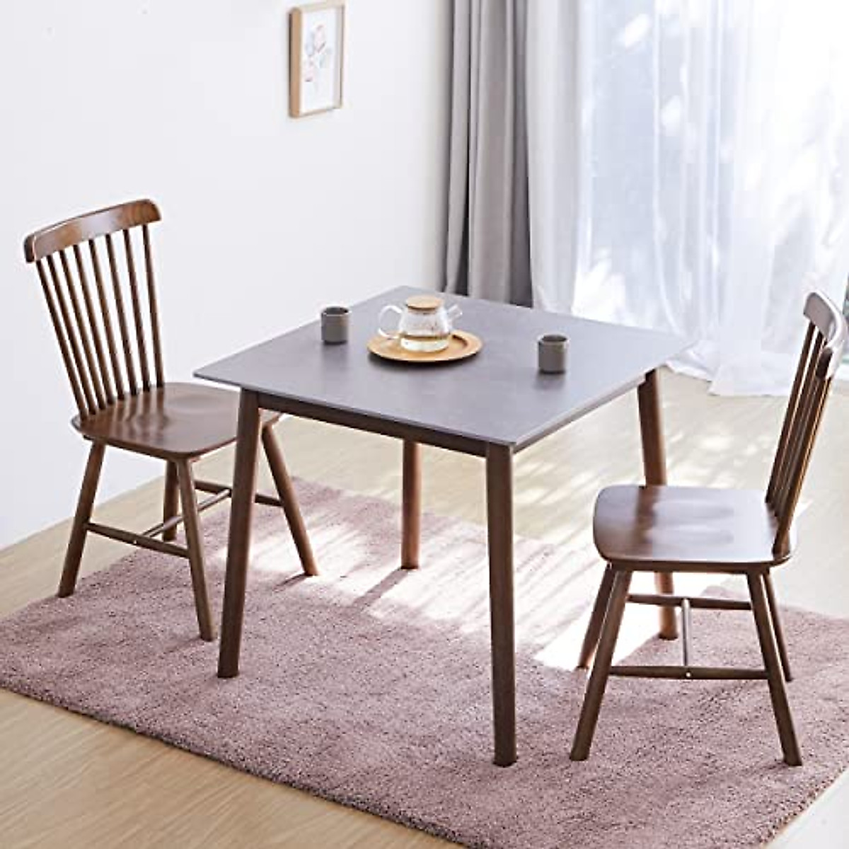 Livinia Aslan Malaysian Oak Dining Chair Set of Two, Country Farmhouse High Spindle Back Wooden Side Chairs (Walnut)