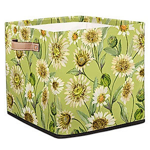 Daisy Leaves Large Collapsible Storage Bins,Daisy Flower Decorative Canvas Fabric Storage Boxes Organizer with Handles,Cube Square Baskets Bin for Home Shelves Closet Nursery Gifts