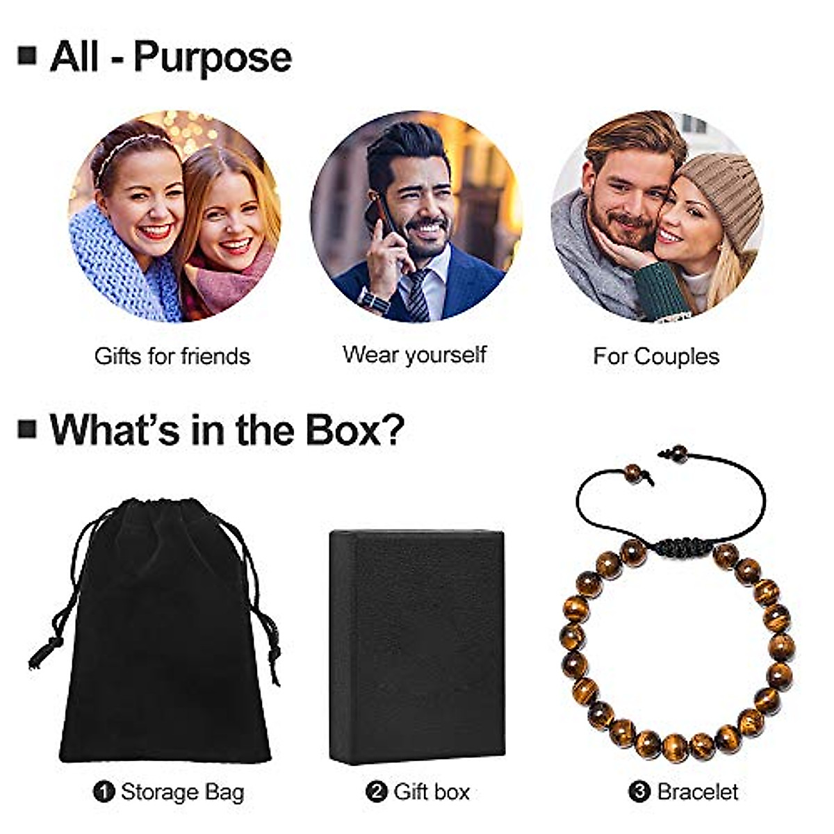 M MOOHAM Stone Bead Bracelets, Natural Tiger Eye Stone Beads Bracelet, Men Women Stress Relief Yoga Beads Adjustable Semi-Precious Stone Bracelet Bangle