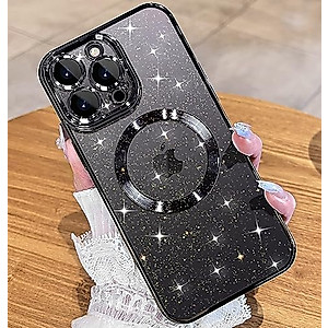 JUESHITUO Magnetic Glitter Case Designed for iPhone 14 Pro Max Case with Full Camera Protection and Strongest Magnetism, Soft TPU Plating Luxury Sparkly Shockproof Slim Case for Women Girls - Black