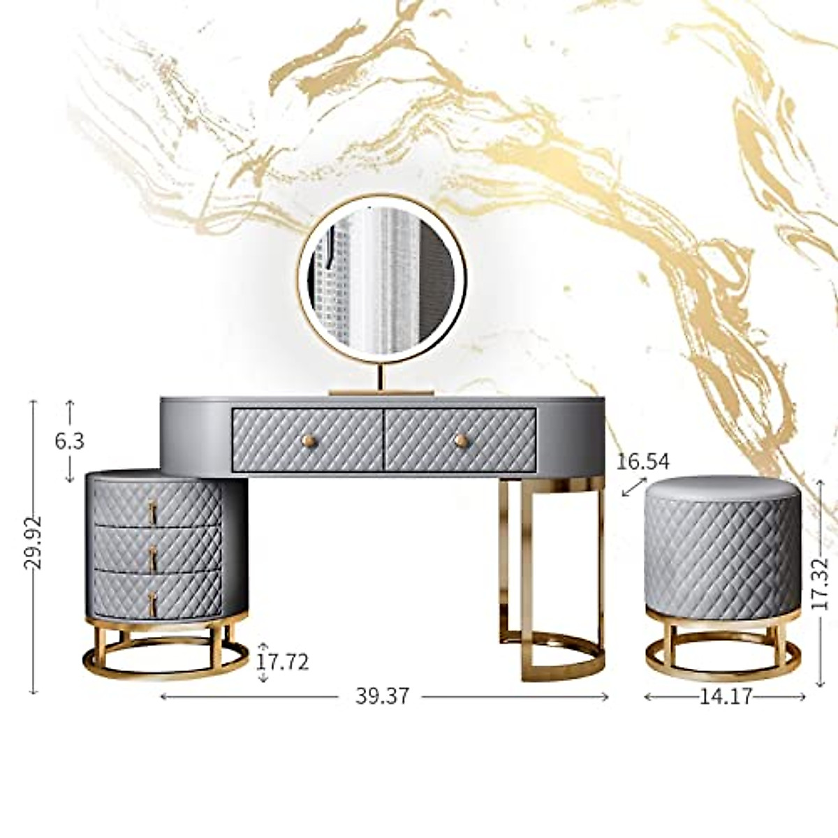 FUKAYI Dresser Table Women Vanity Makeup Table Set Makeup with 5 Drawers Dressing Table with Lighted Mirror and Chair Vanity Benches Desk for Her, Grey