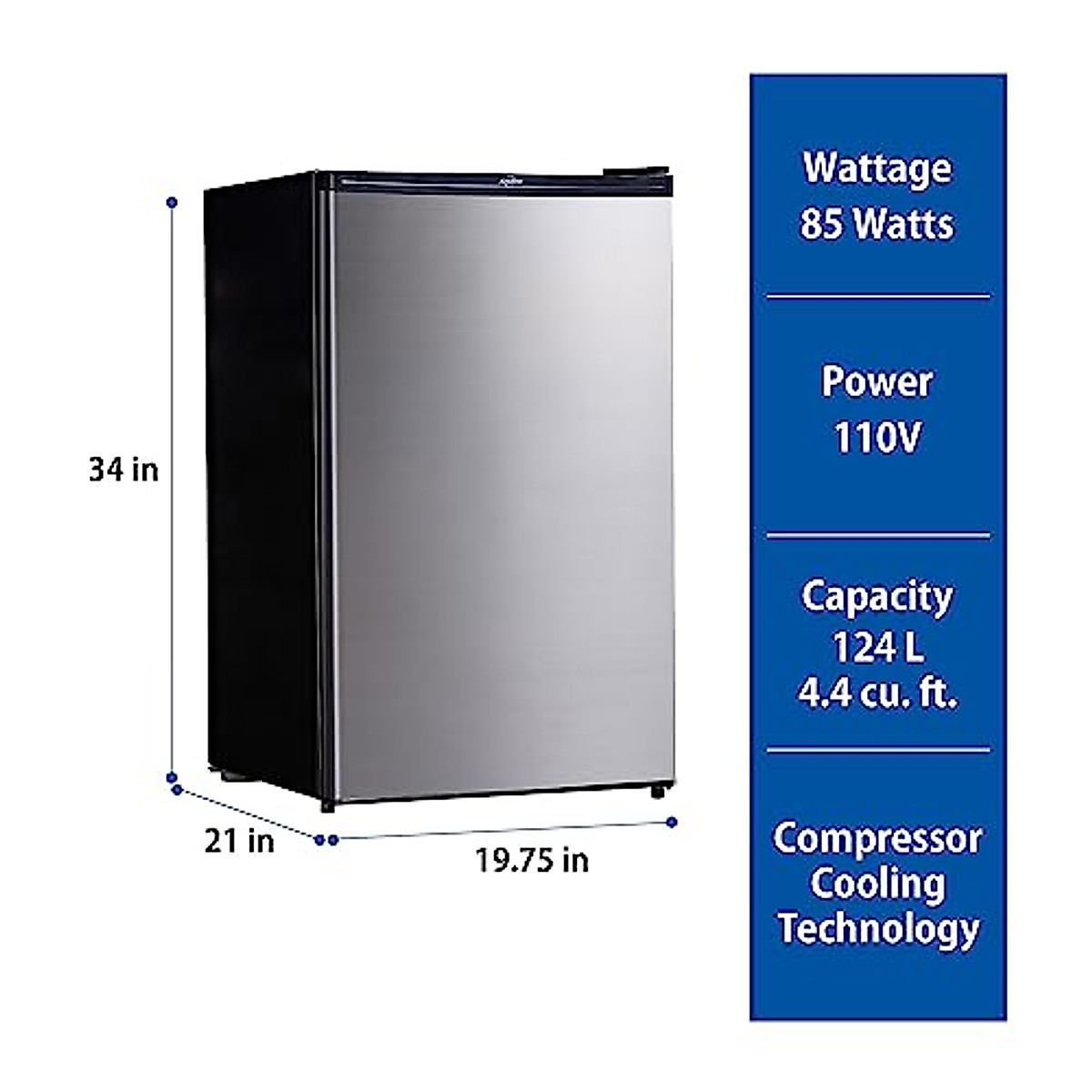 Koolatron Stainless Steel Compact Fridge with Freezer, 4.4 cu ft (124L), Silver and Black, Flat Back, Reversible Door, for Snacks, Frozen Meals, Beverages, Beer, Den, Dorm, Office, Rec Room, Home Bar