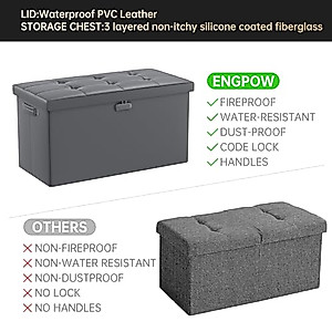 ENGPOW Storage Ottoman Bench,Fireproof Folding Storage Bench with Lock,30 Inches Fire＆Water Resistant Storage Chest Foot Rest Stool Leather Bedroom Bench with Storage Safe for Document,Valuables,Grey