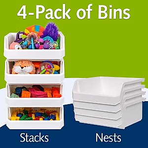 ReadySpace Plastic Containers for Organizing and Storage Bins for Closet, Kitchen, Office, Garage or Pantry Organization, Stackable Bins, Extra Large (14.8" x 16.5" x 7"), 4-Pack, White