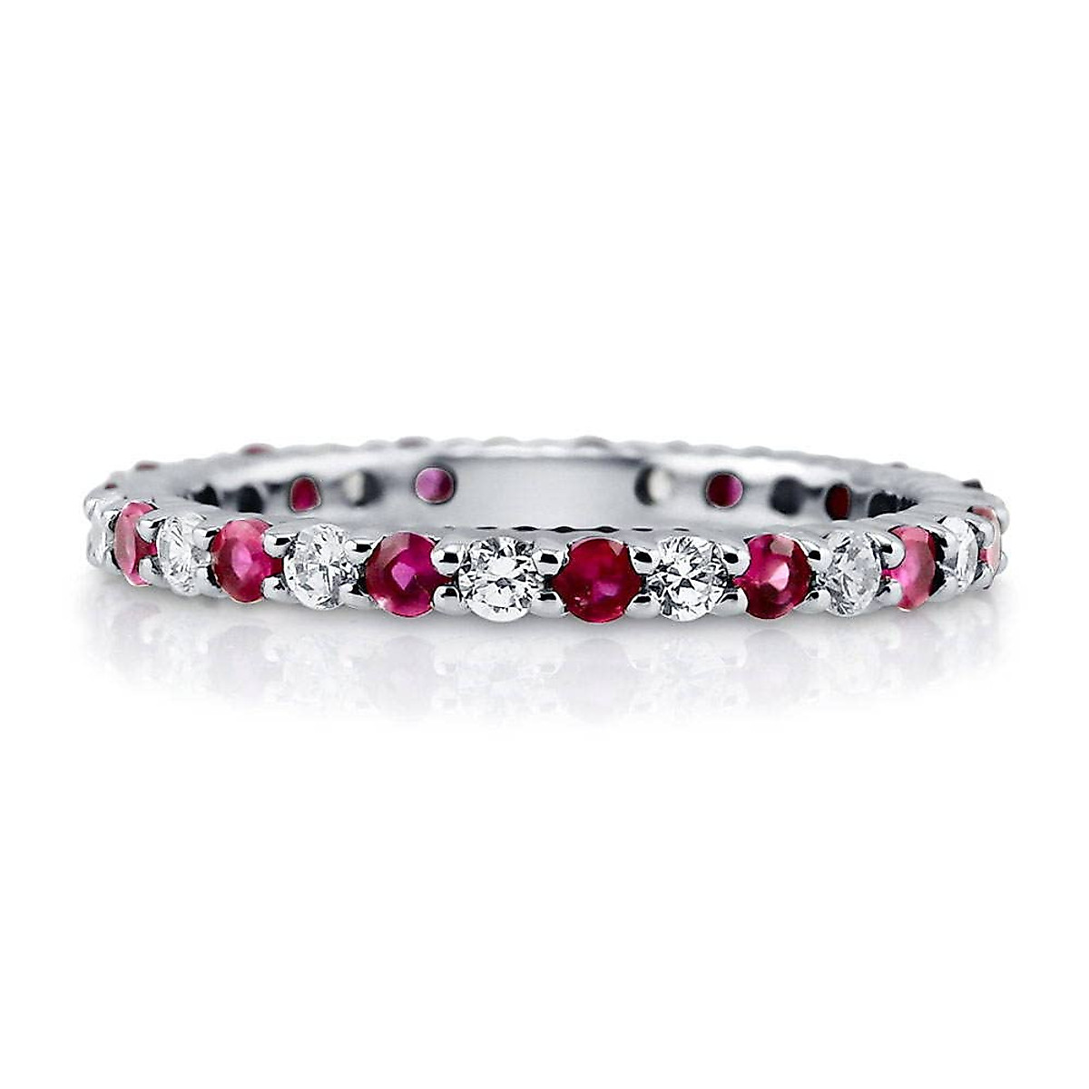 BERRICLE Sterling Silver Simulated Ruby Pave Set Cubic Zirconia CZ Stackable Fashion Anniversary Eternity Ring for Women, Rhodium Plated Size 6