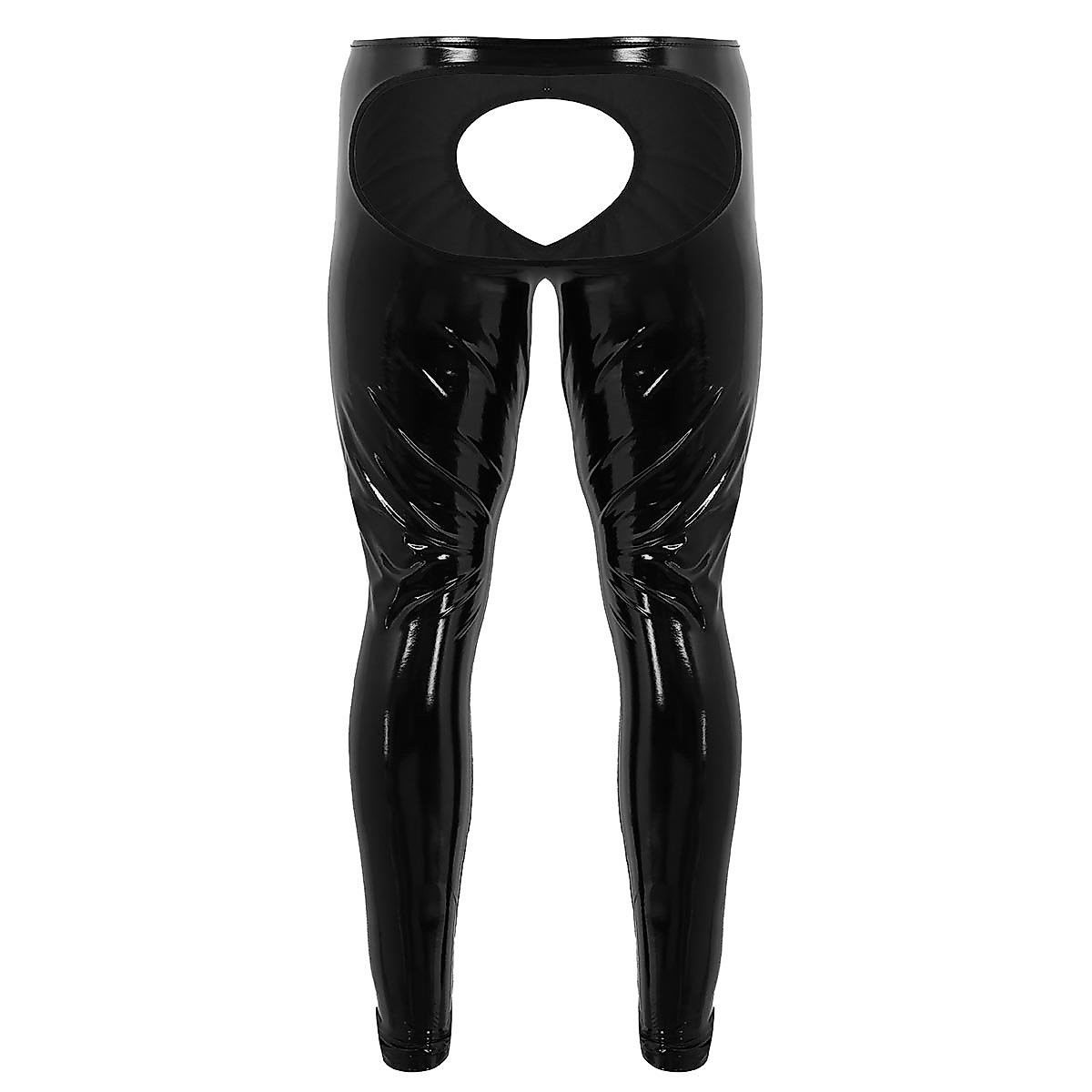 TiaoBug Men's Wet Look PVC Leather Hollow Pouch Tight Pants Leggings Trousers Black 3X-Large