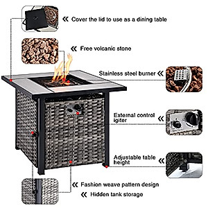 XIZZI Patio Furniture Set Outdoor Conversation Sofa with 30 Inch Square Propane Fire Pit Table All Weather PE Rattan Wicker High Back Outside Couch for Deck,Backyard and Garden,Grey Wicker Denim Blue