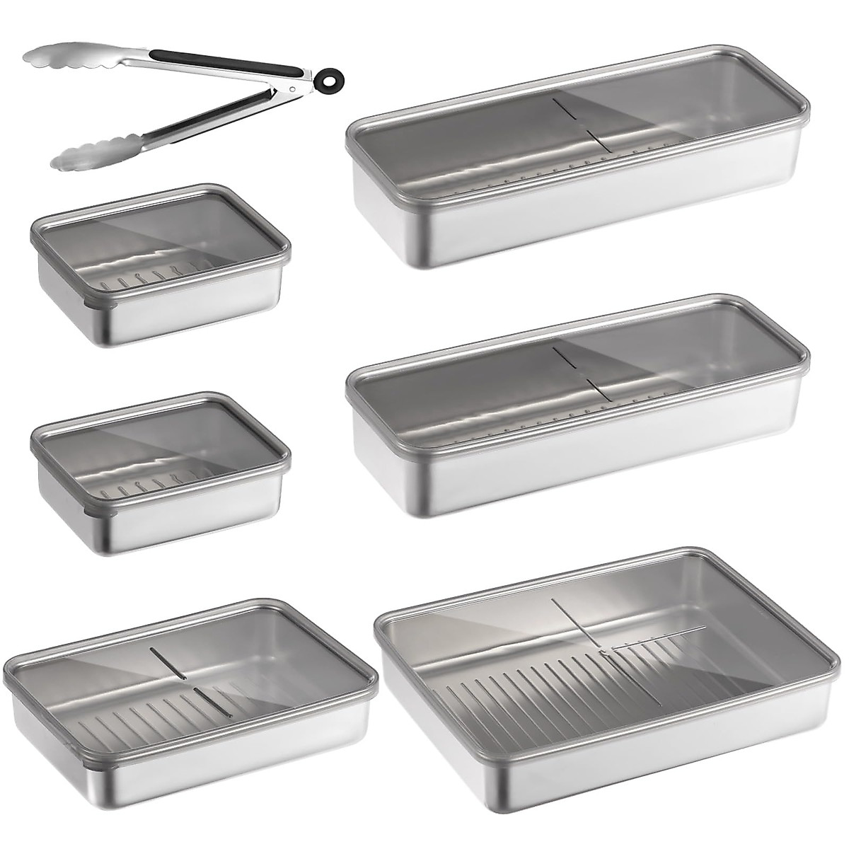 OMISTAR 6PCS Bacon Cheese Containers, 4 Sizes Stainless Steel Airtight Meat Containers, Dishwasher Safe Fridge Storage Containers for Fruit Lunch Storage with Lids Tongs