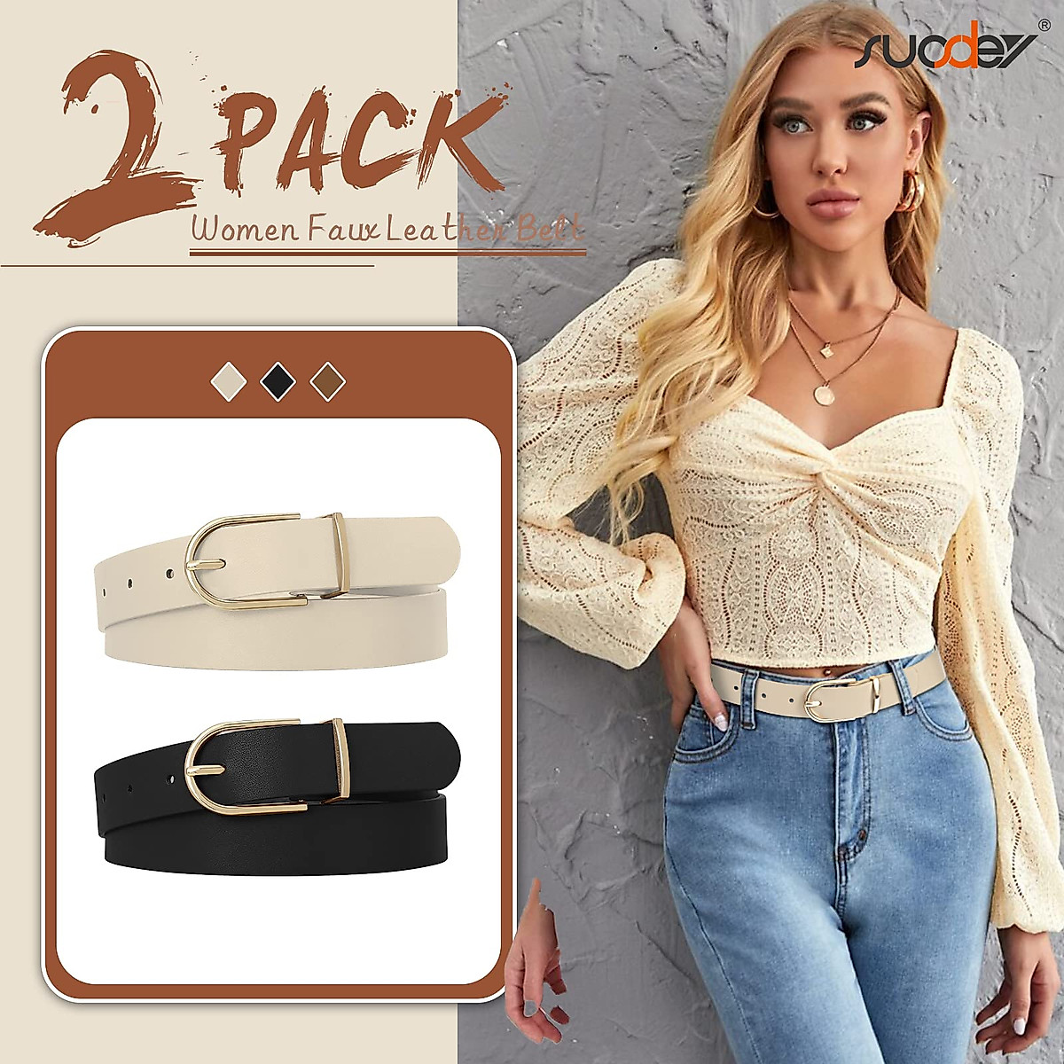 SUOSDEY 2 Pack Womens Fashion Leather Belts for Jeans Dresses Pants Black Brown Beige Ladies Belts with Gold Buckle
