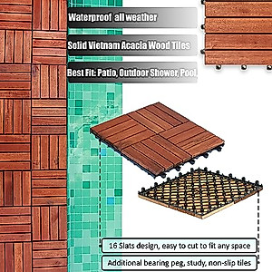 10 PCs Acacia Wood 12x12 inches, Interlocking Deck Tiles Outdoor All Weather, 12 Slats (Teak-9pcs)