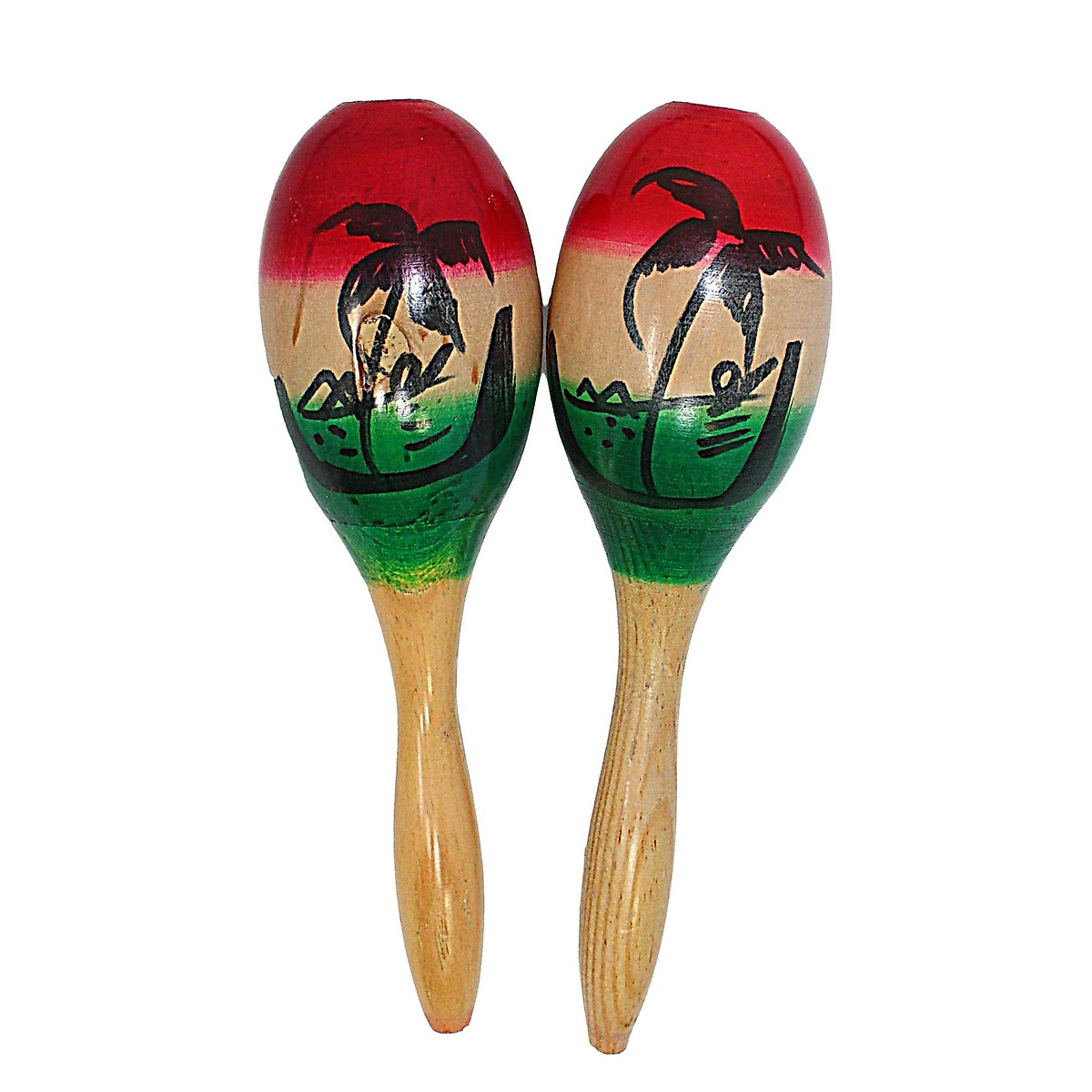 Needzo Maracas Musical Instrument, Small Wooden Tri-Colored with Palm Tree Silhouette, Latin Percussion, for Adults, Set of 2, 7 3/4 Inches