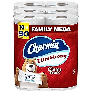 Charmin Toilet Paper Ultra Strong Clean Touch, 18 Family Mega Rolls = 90 Regular Rolls (Packaging May Vary), Household Essentials, Bathroom Essentials