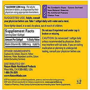 Nature Made Maximum Strength Biotin 5000 mcg, Dietary Supplement may help support Healthy Hair, Skin & Nails, 120 Softgels