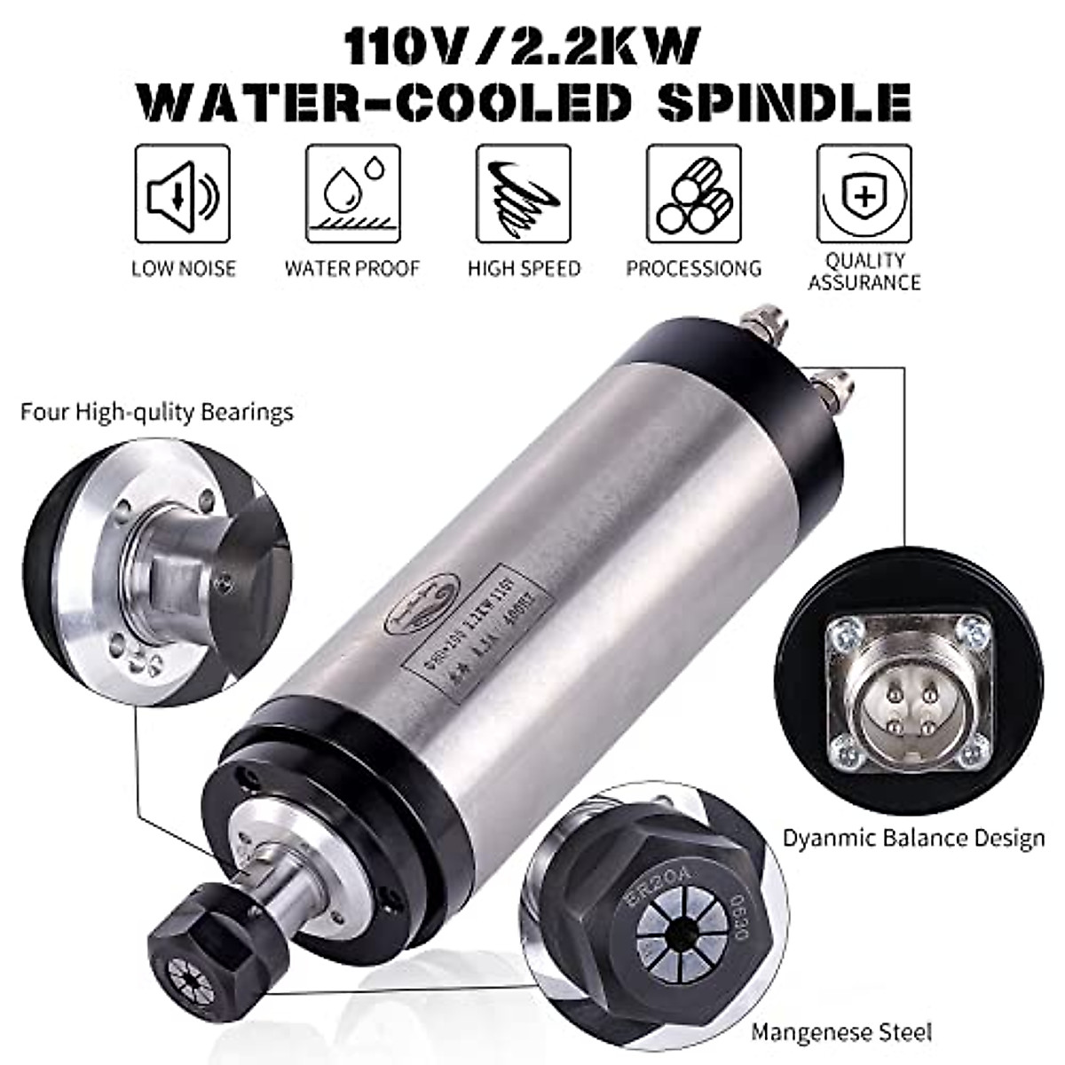 CNC Spindle Motor Kit, MYSWEETY 110V 2.2KW Water Cooled Spindle Motor + 2.2KW Single to 3 Phase VDF+110v Water Pump + 3.15 Inch Clamp + 196 Inch Water Pipe + 40 Inch Electric Wire+ 13pcs ER20 Collet