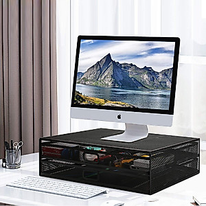 Monitor Stand Riser with Dual Pull Out Storage Drawer - Metal Mesh Desk ...