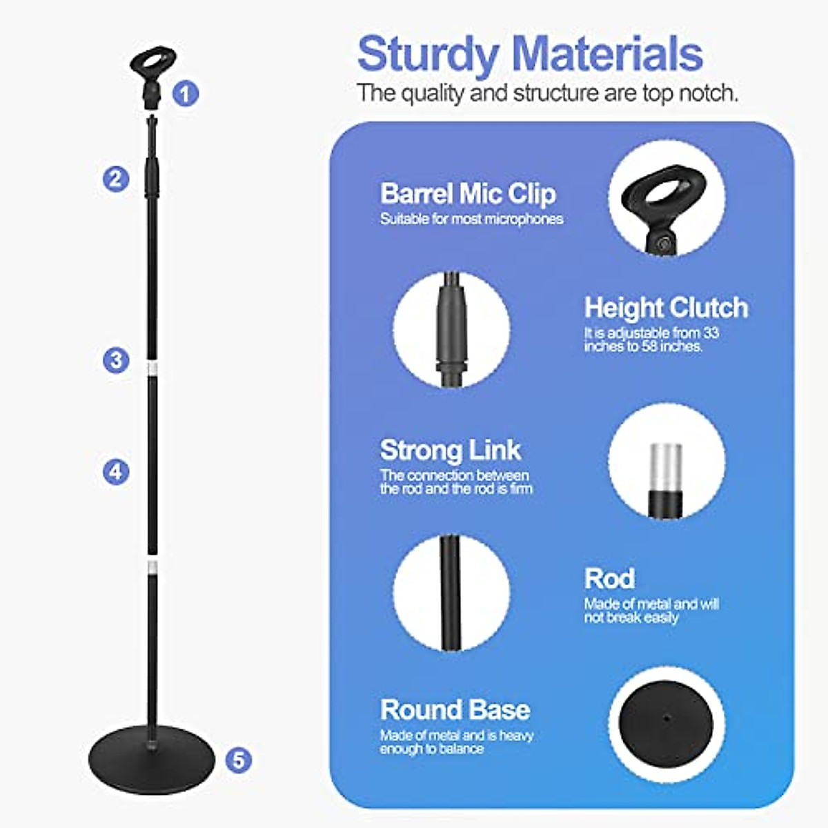OUKMIC Microphone Stand, Adjustable Karaoke Mic Holder for Singing, Universal Floor Standing Detachable Mike Stand with Weighted Round Base, Cable Clip, Barrel Mic Clip and Tray for Kids Adults