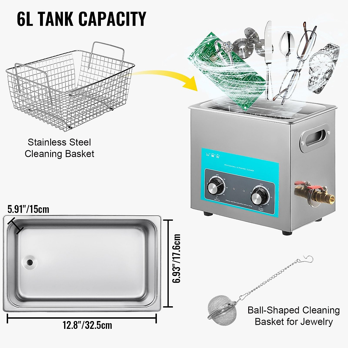 Ultrasonic Cleaner with Heater Timer Control, Lab Water Drain - Ideal for Solution Cleaning