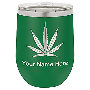 LaserGram Double Wall Stainless Steel Wine Glass Tumbler, Marijuana leaf, Personalized Engraving Included (Green)