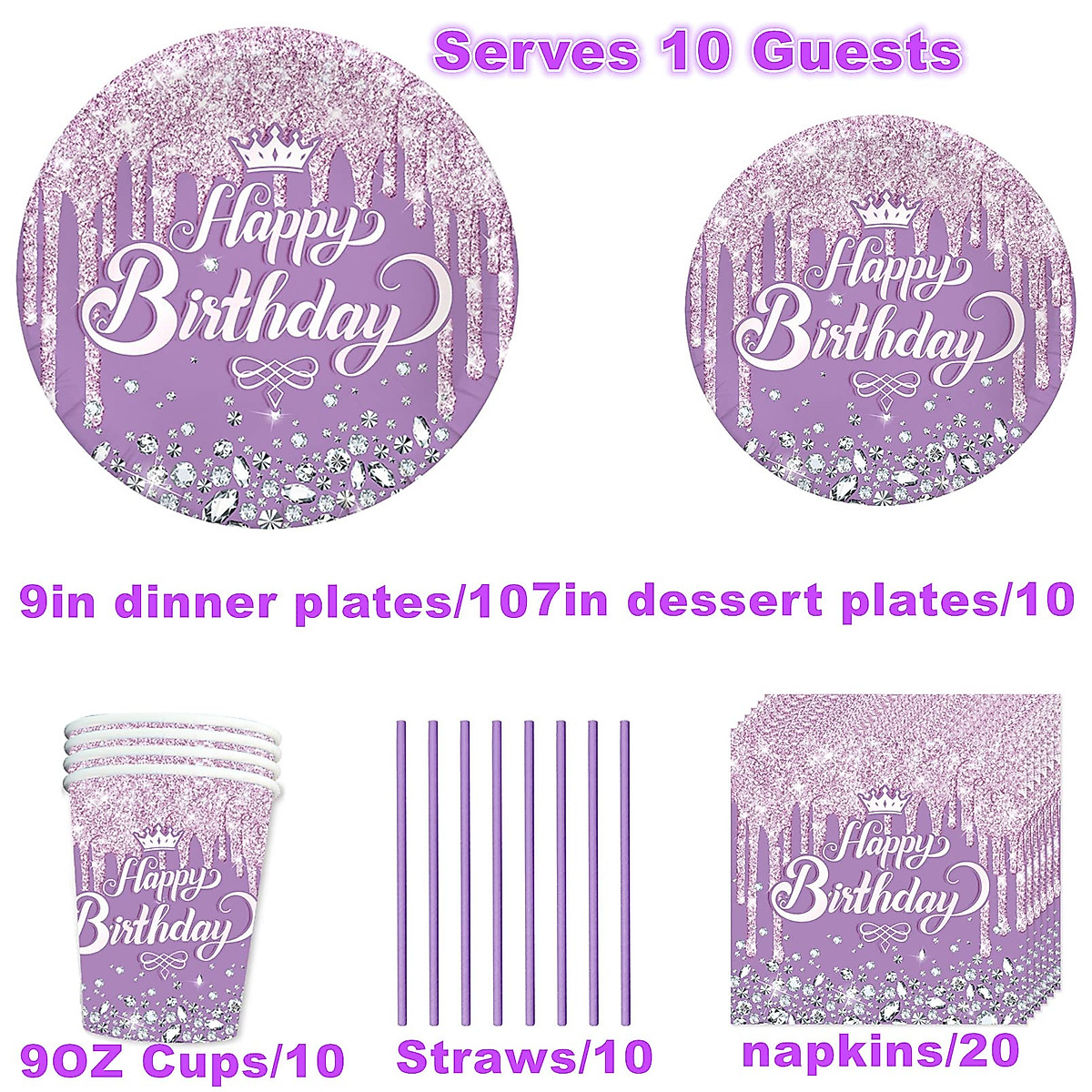 DISRUB Purple Birthday Party Supplies, Complete Pack Purple Party Tableware Including Purple Birthday Plates, Cups, Napkins Straws Serves 10 for Birthday, Baby Shower, Party Decorations