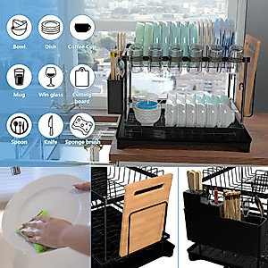 THEYFIRST Dish Drying Rack,Drying Rack for Kitchen Counter,Multi-Function Dish Racks for Kitchen Counter with Utensil Holder,Cutting Board Holder, Knife Rack,Cup Holder (Black-16.53*11.41*10.23'')
