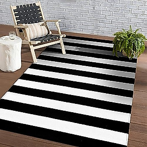 KOZYFLY Black and White Striped Area Rug 4x6 Ft Outdoor Rug Washable Indoor Outdoor Rug Hand Woven Cotton Door Mat Outdoor Entrance Mat for Front Door Kitchen Entryway Patio Front Porch Decor